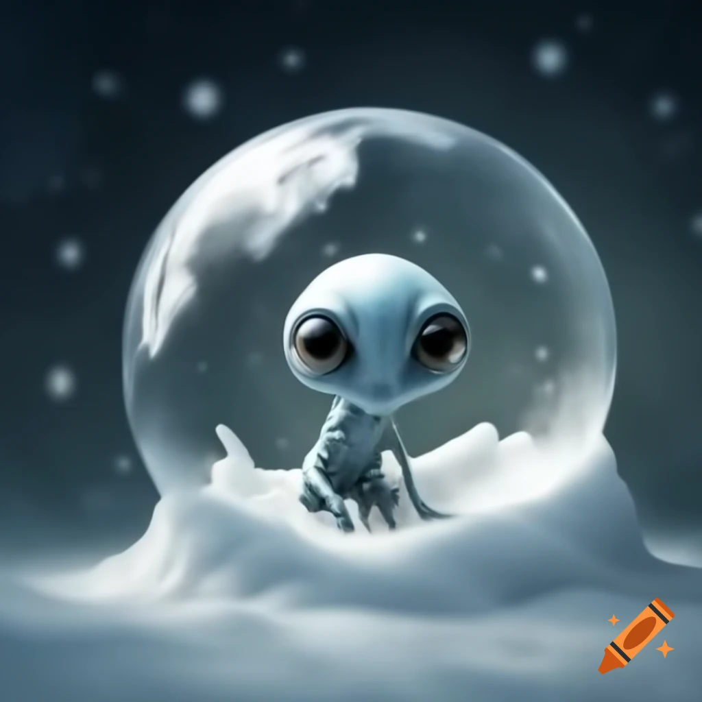 Tiny alien trapped in swirling snow globe with wide eyes on Craiyon