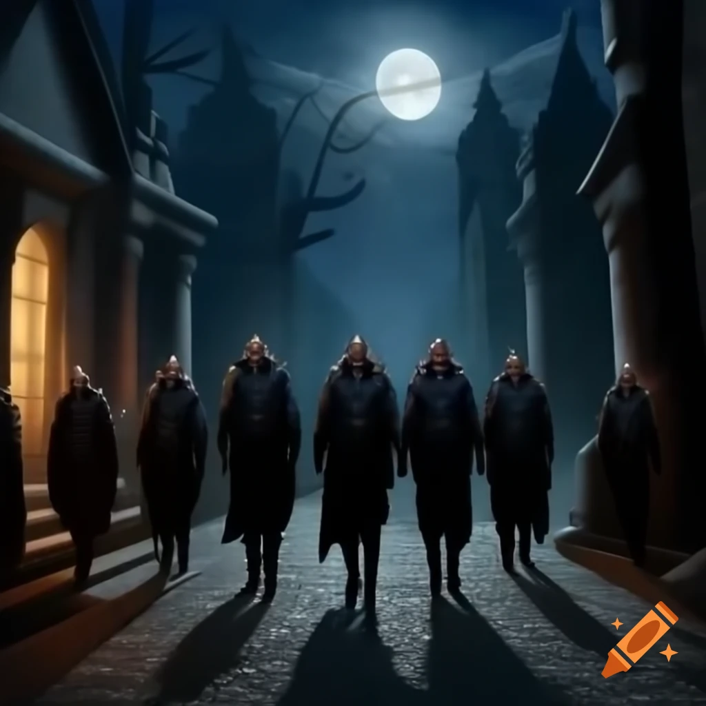 Digital illustration of demons walking on cobblestone street at night ...