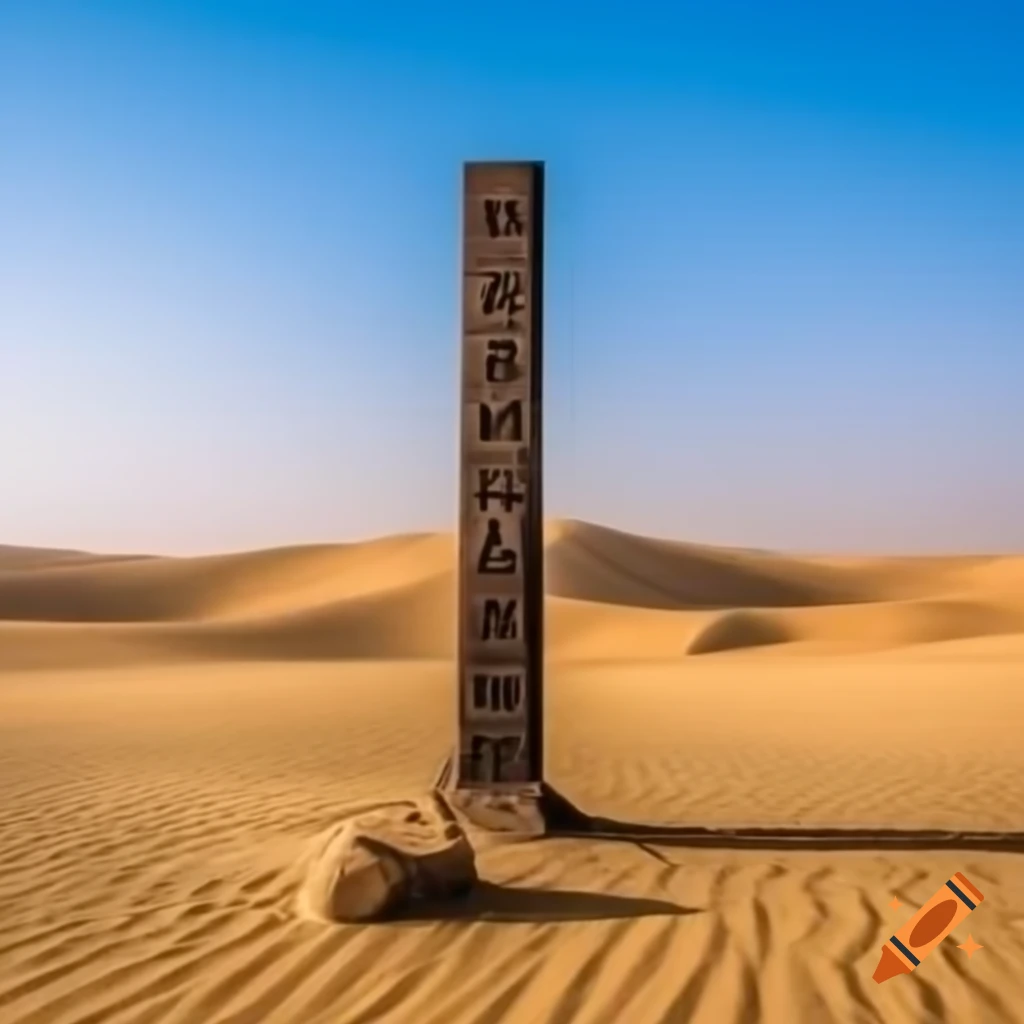 Weathered iron column with runes in sandy desert on Craiyon