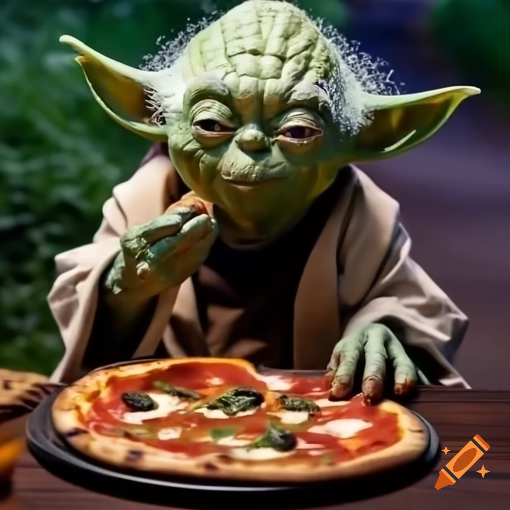 Humorous scene of Yoda eating pizza captured on a trail camera on Craiyon