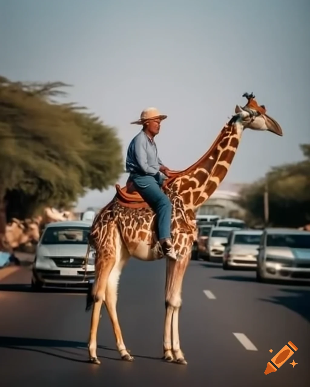 Old man riding giraffe in traffic on the road on Craiyon