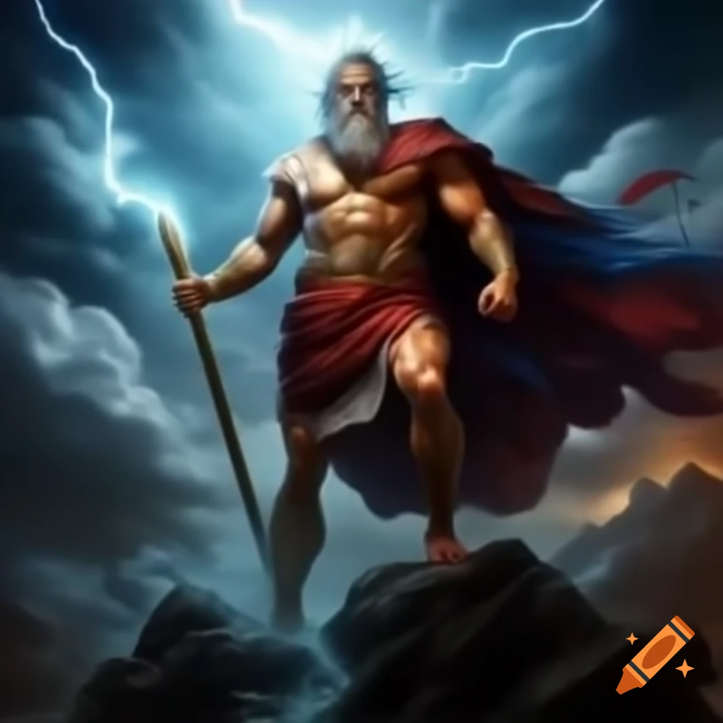 Zeus wielding lightning bolt atop mount olympus with storm clouds on ...