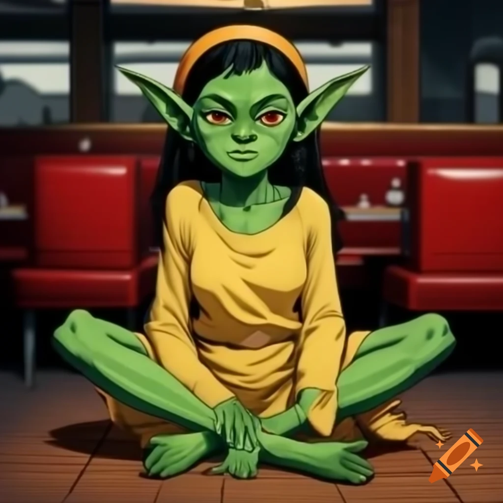 Green-skinned goblin girl in yellow dress seated in restaurant, 90s ...