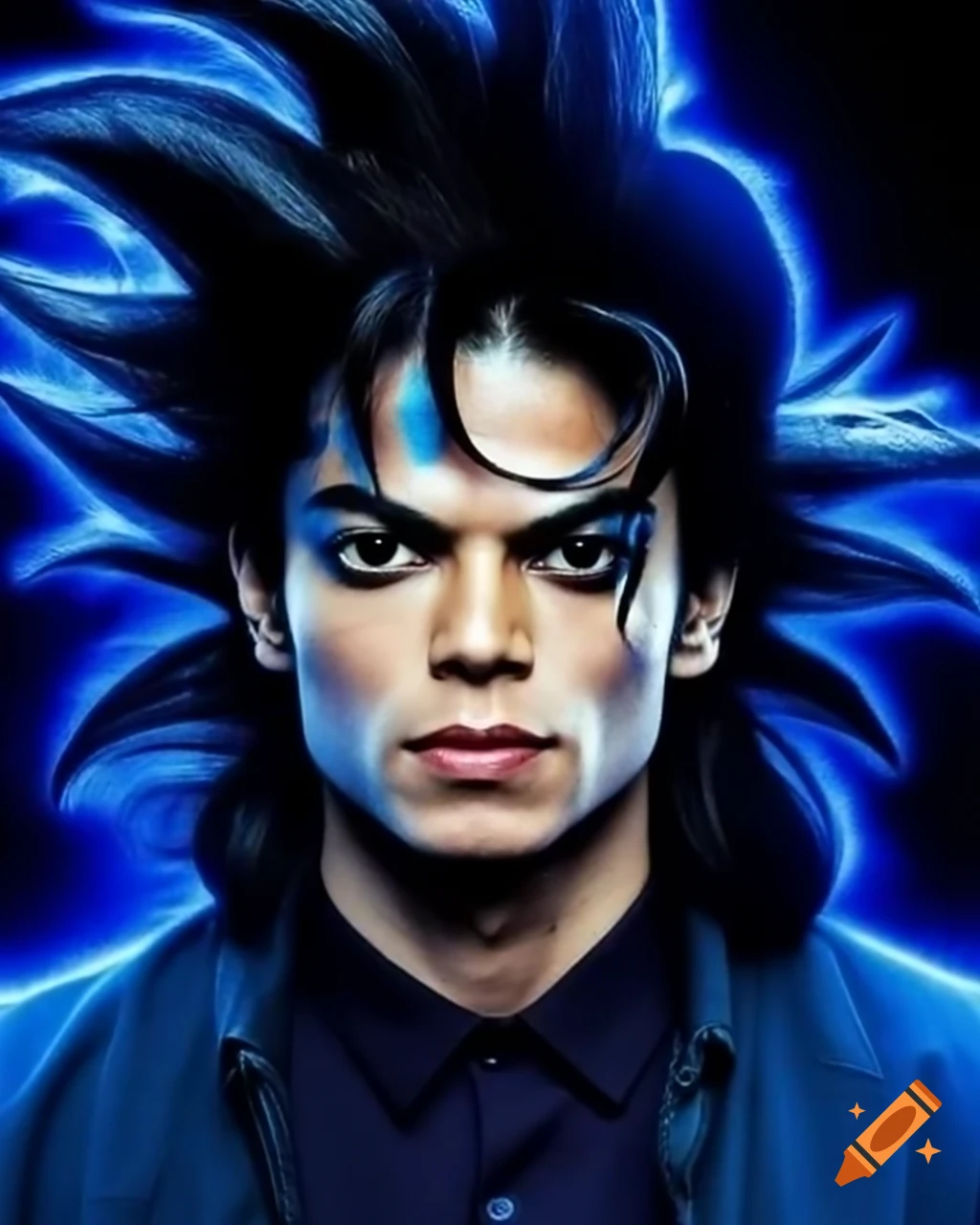 Closeup of Michael Jackson as Goku with blue aura, inspired by Super ...
