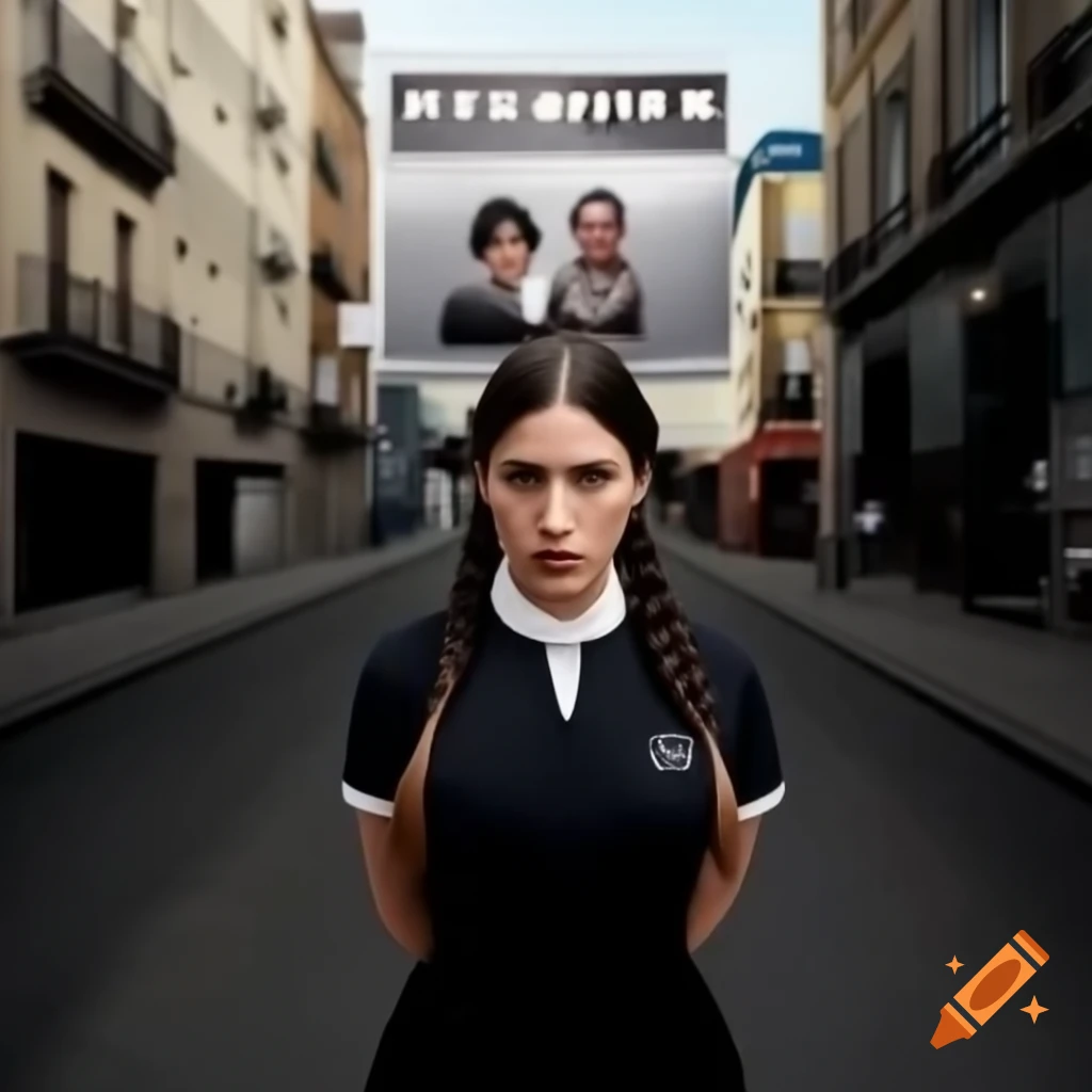 Modern young waitress with brown mexican face and long black braid ...