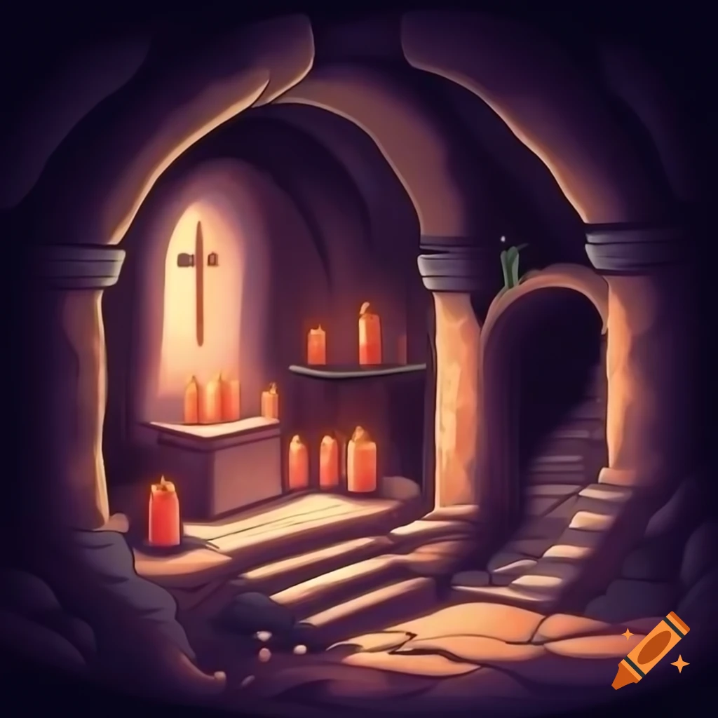 Chapel altar in underground crypt illuminated by candles, watercolor ...