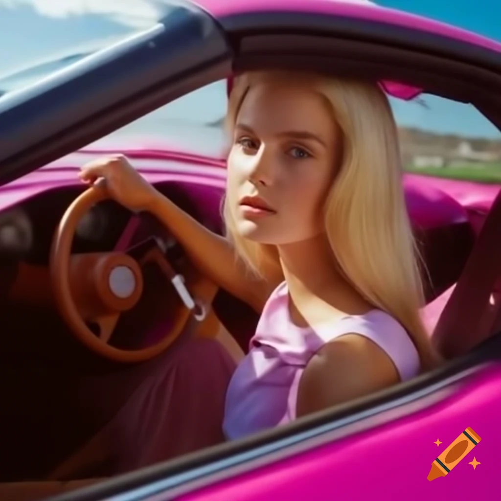 Margot robbie as barbie driving a pink c1 corvette on Craiyon