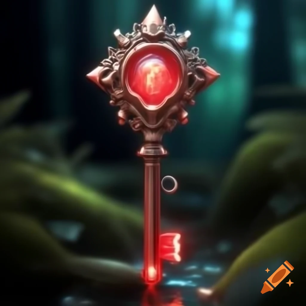 Intricate magical key with glowing red design in forest setting on Craiyon