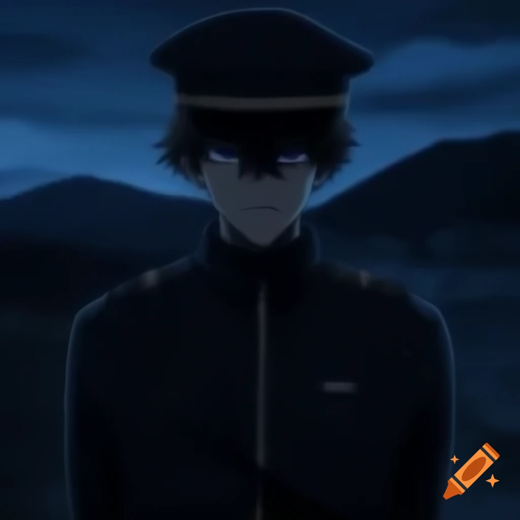 Anime security guard silhouette in dark uniform against night scenery ...