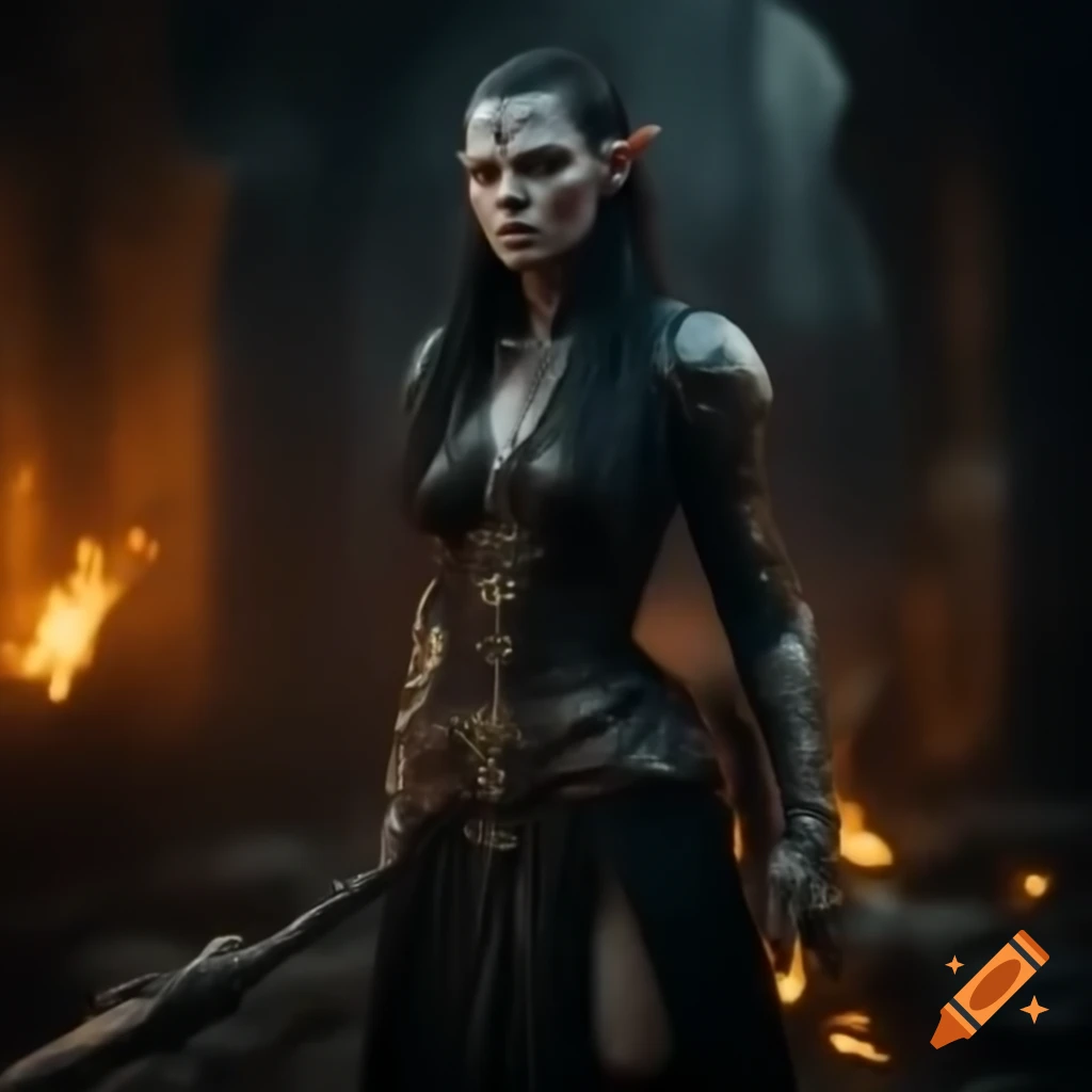 Drow elf in shadowy underdark alcove with piercing gray eyes on Craiyon