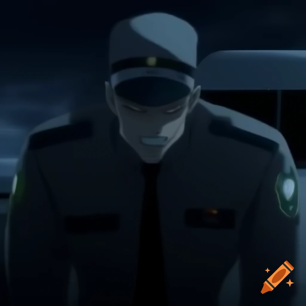 Anime security guard with sinister grin during night watch on Craiyon