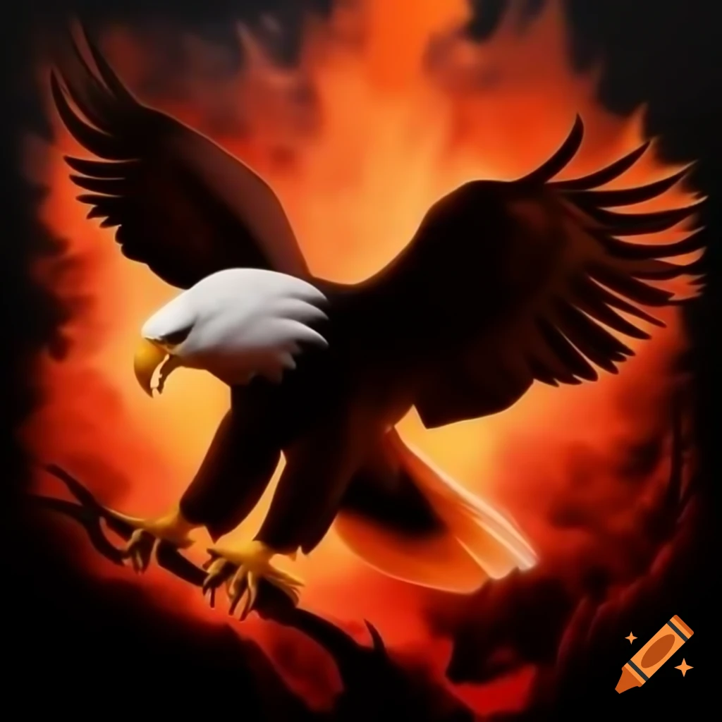 Majestic eagle in flight against fiery orange and red sky on Craiyon