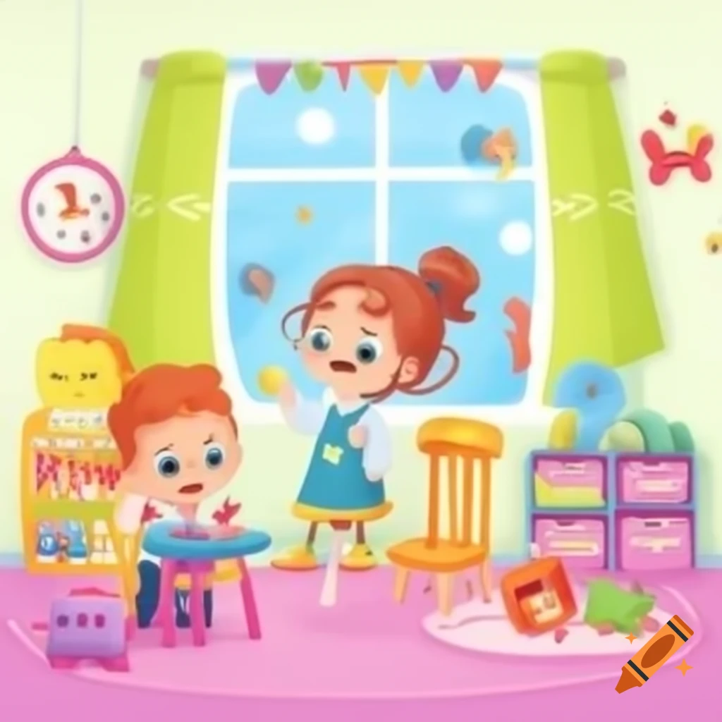 Colorful cartoon playroom for kids filled with toys on Craiyon