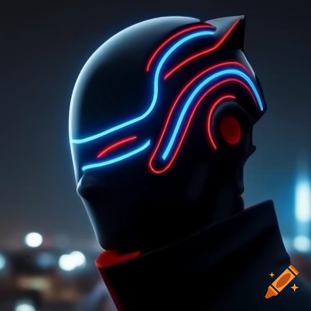 Futuristic helmet inspired by uchiha obito's mask in tron style on Craiyon