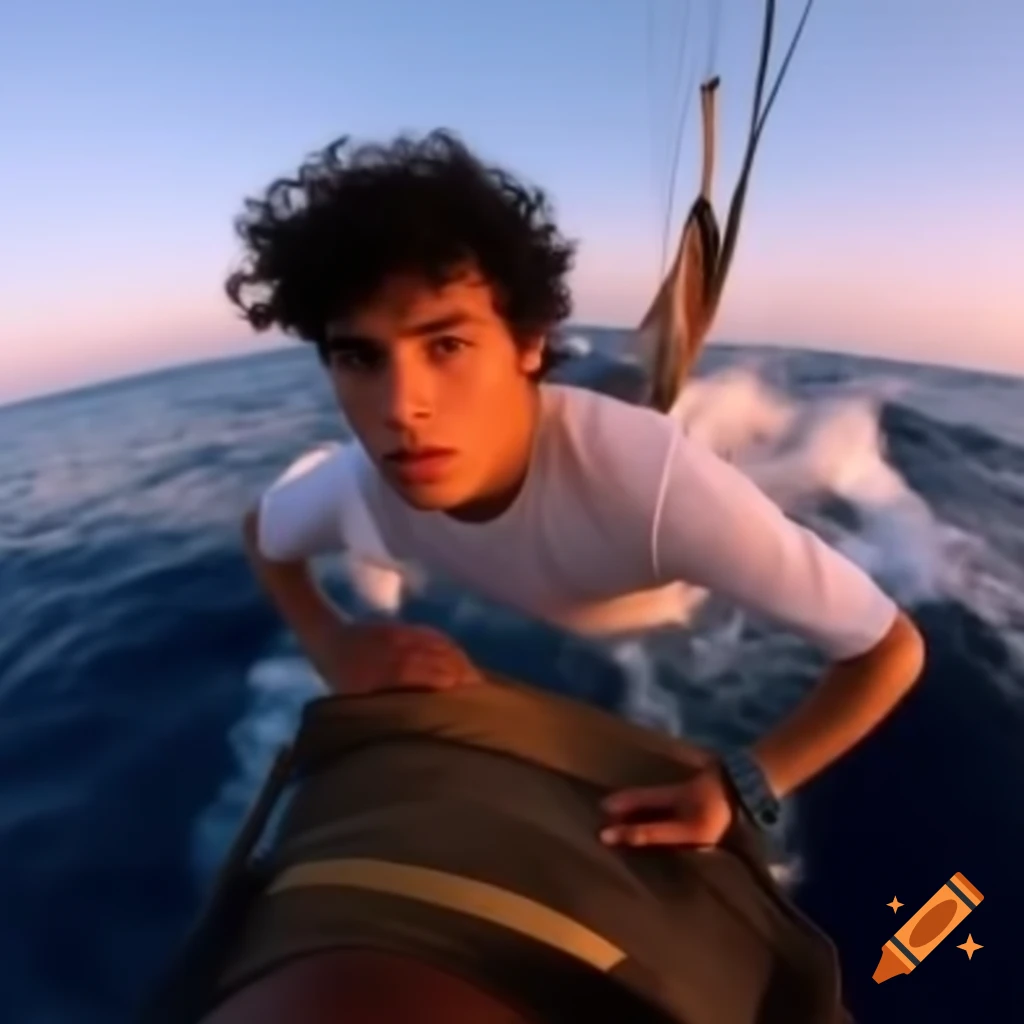 Young man sailing on barrel in pink ocean, aerial view on Craiyon