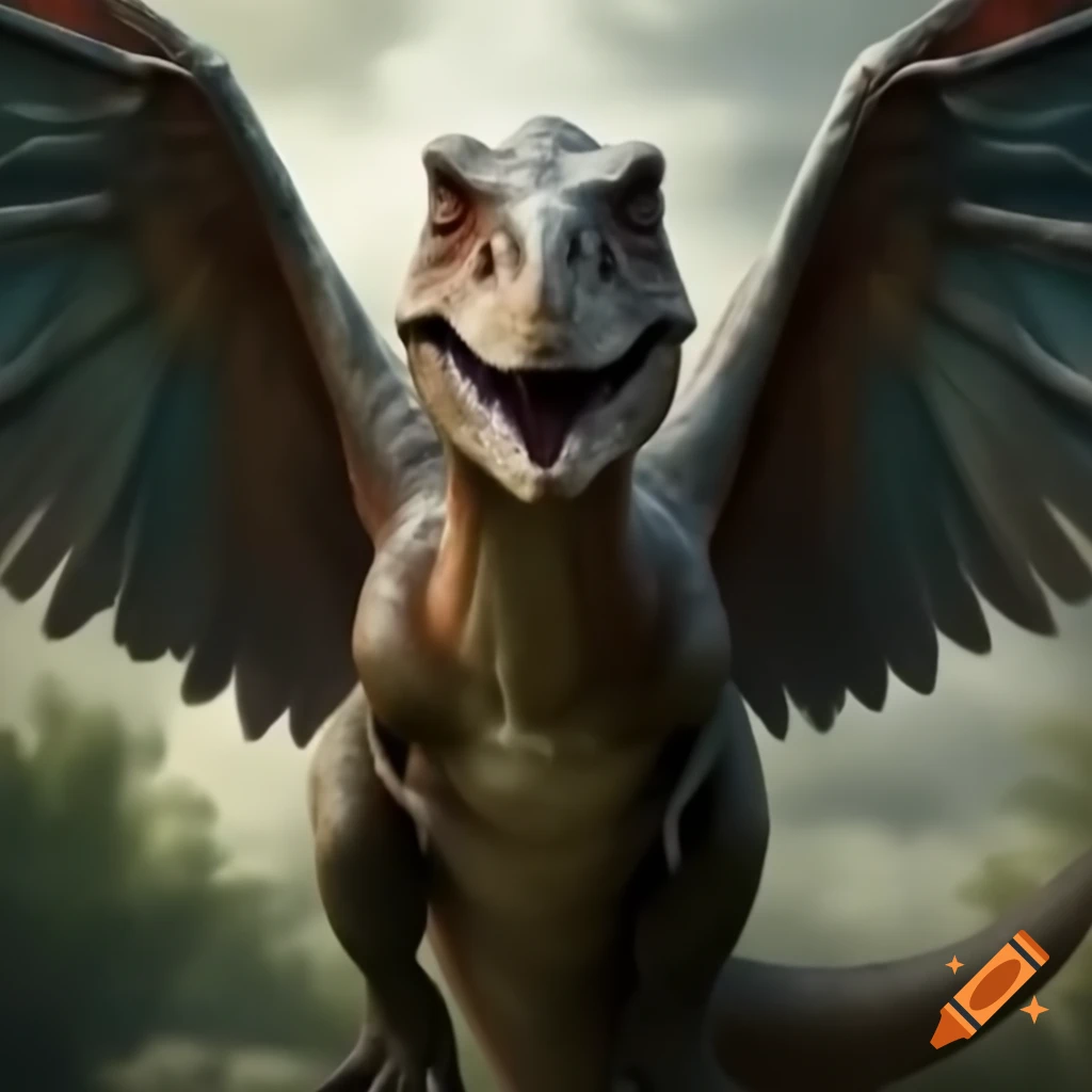 Tyrannosaurus rex with feathers and wings instead of short arms on Craiyon