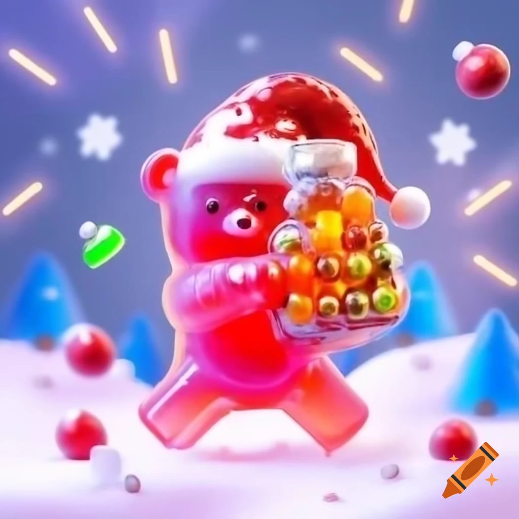 Colorful gummy bear in santa hat with sprite cranberry cooler in snowy winter scene on Craiyon