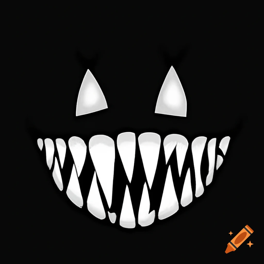 Grin with sharp teeth on black background on Craiyon