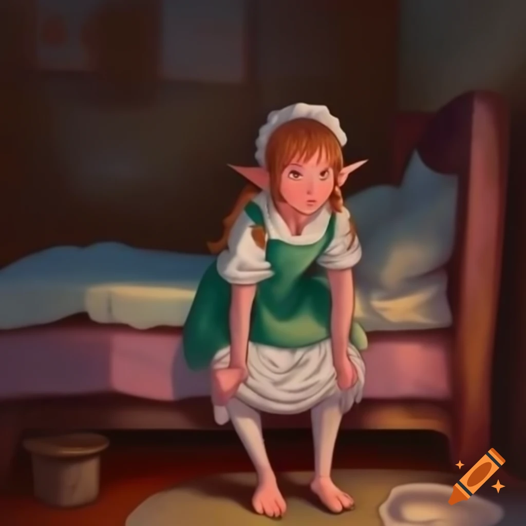 Elf girl in maid outfit cleaning old bedroom, 90s manga style on Craiyon