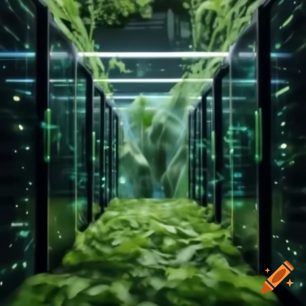 Futuristic server room with jungle-like greenery and network hardware ...