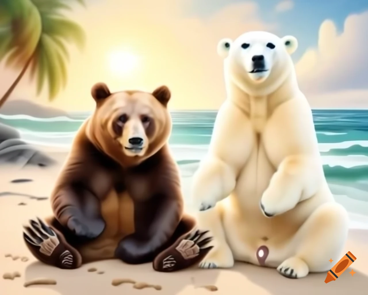 Brown bear, panda, and polar bear sitting on beach with palm tree under ...