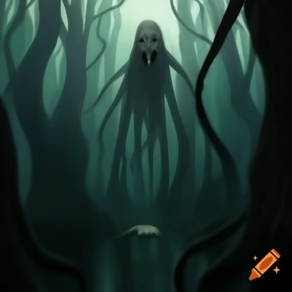 Scary figure looming in dark forest beside murky waters on Craiyon