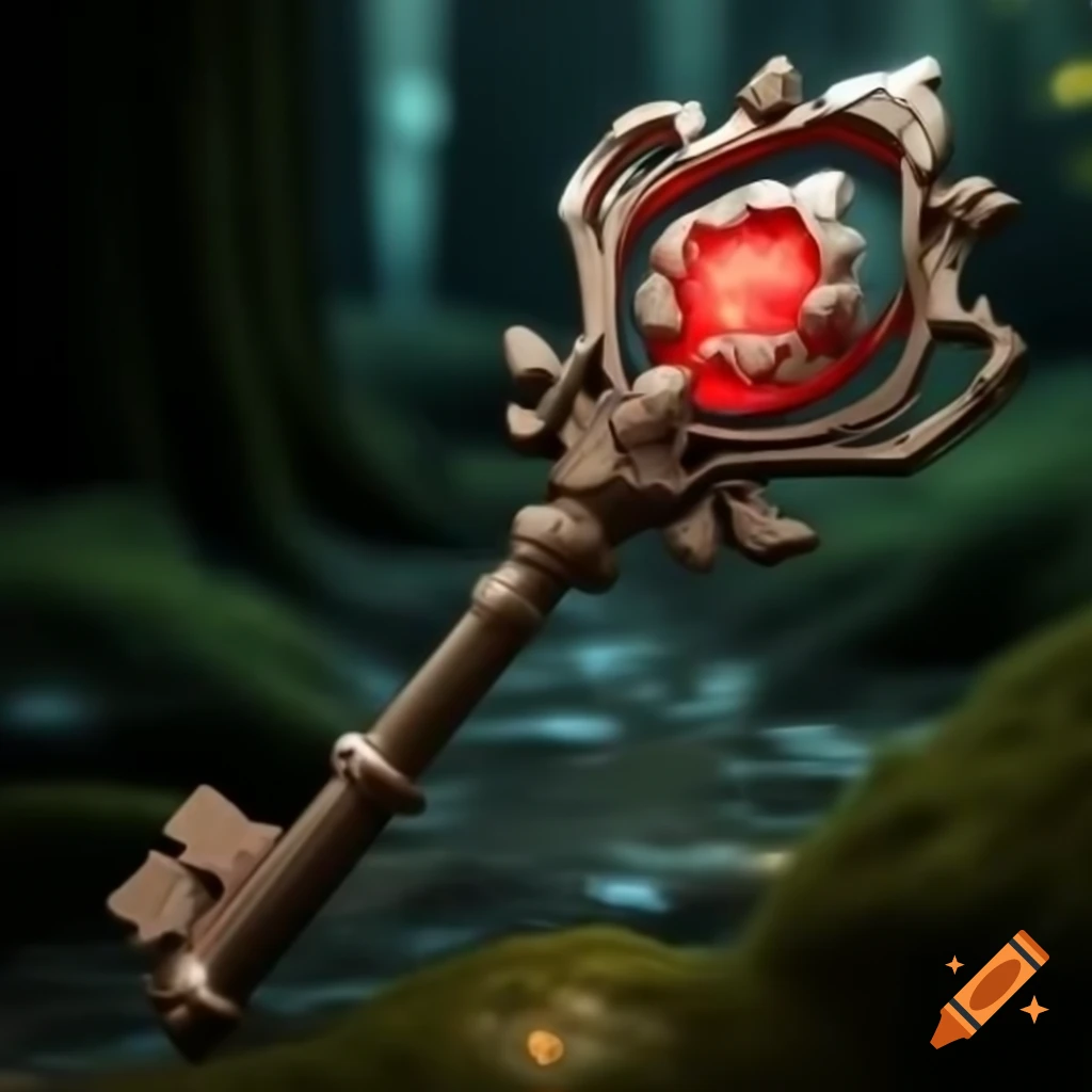 Intricate magical key with glowing red design in forest setting on Craiyon
