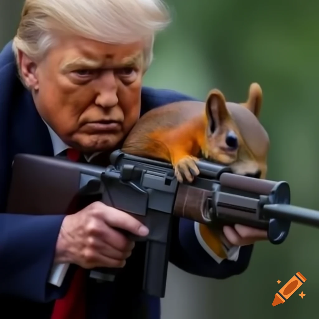 Cartoon depiction of trump shielding a squirrel with a rifle on Craiyon