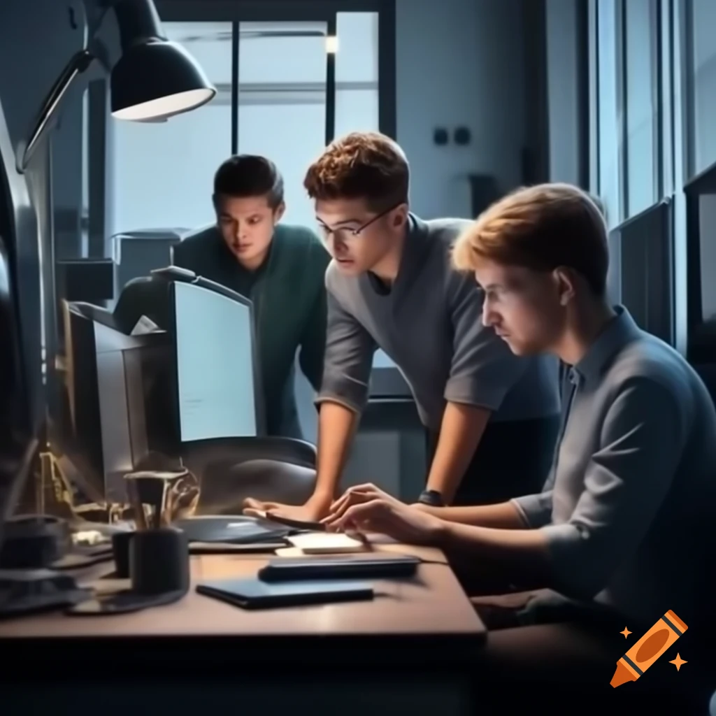 Young engineers collaborating in modern workspace with electronic components on Craiyon