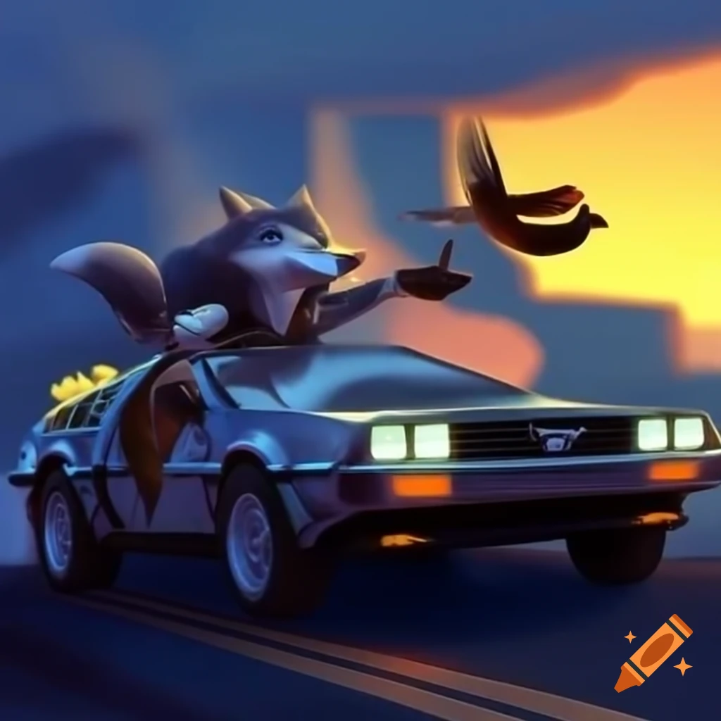 Wolf driving a DeLorean car, showcasing a humorous gesture on Craiyon