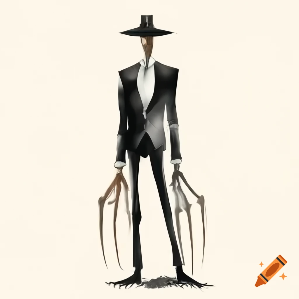 Tall slim man with mechanical limbs in suit and hat, character ...