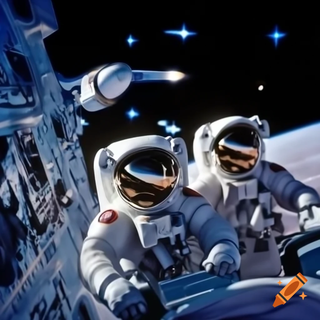 1960s space exploration with astronauts in silver spacesuits and rockets on Craiyon