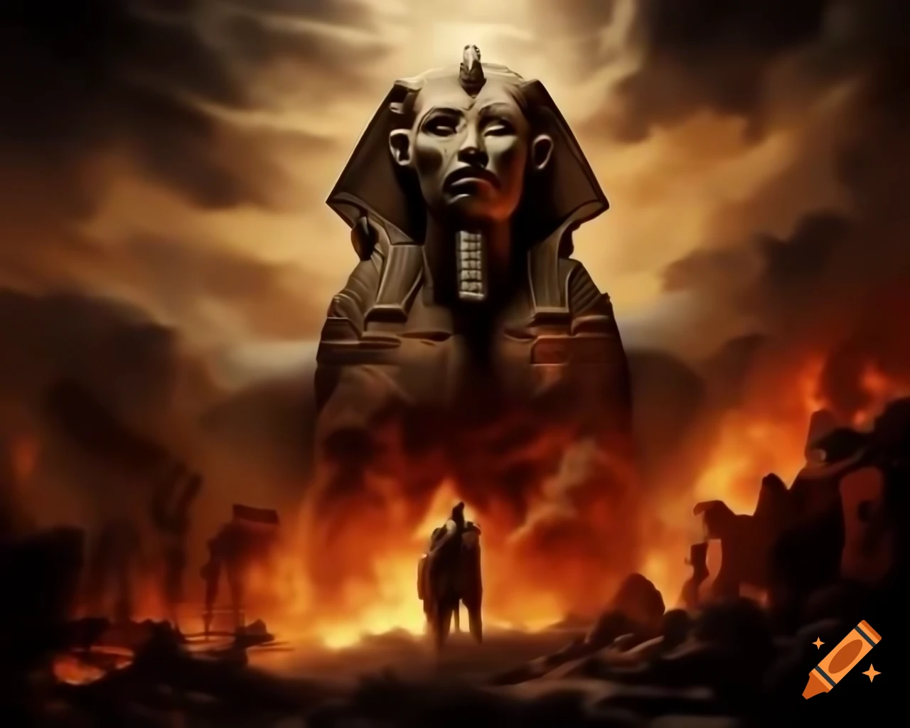 Ancient sphinx in volcanic ash under scorching sun with fiery embers on ...