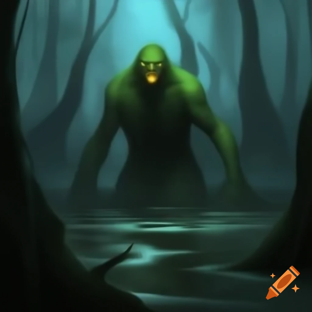 Dark foggy swamp at twilight with twisted trees and vines on Craiyon