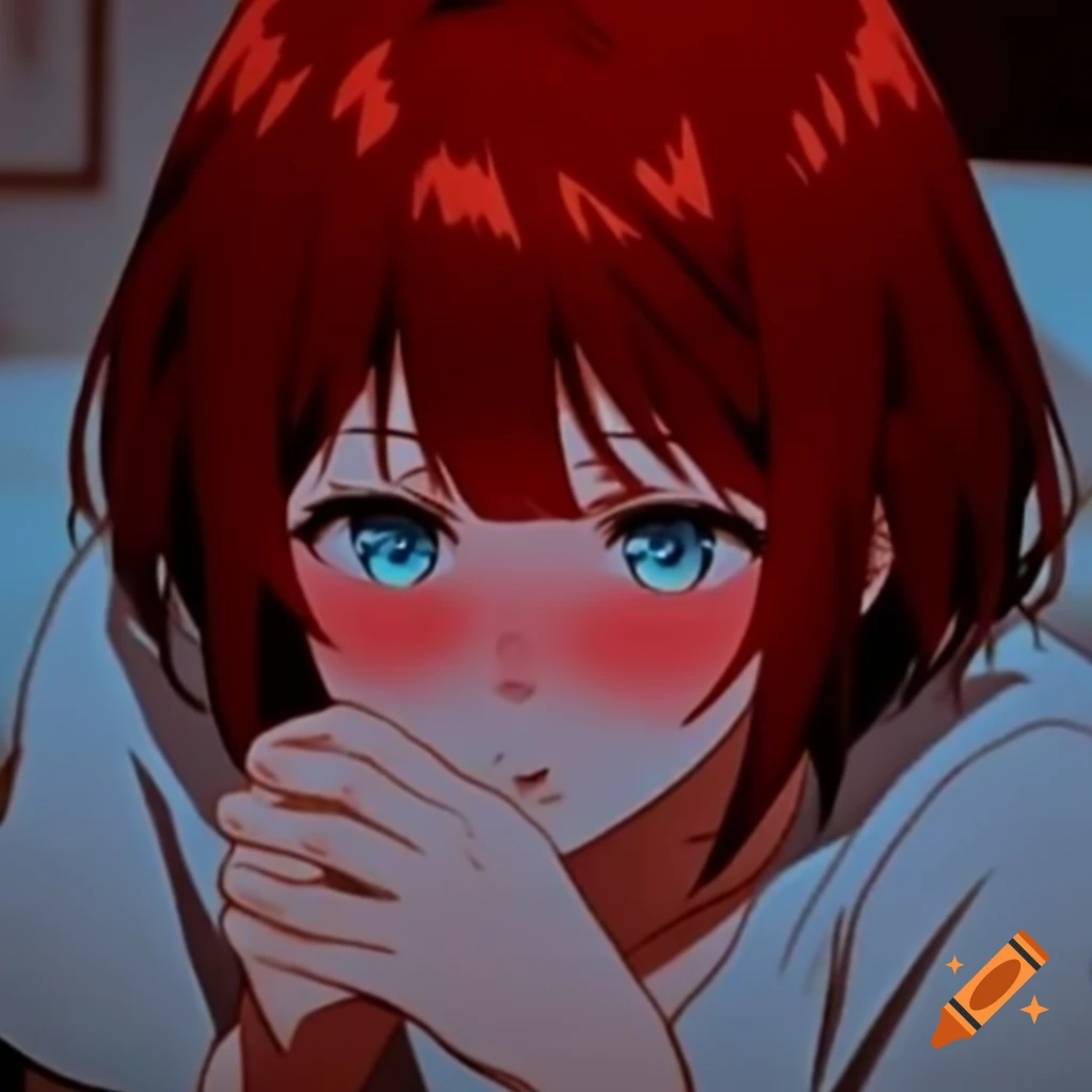 Young woman with red short hair and weary expression on Craiyon