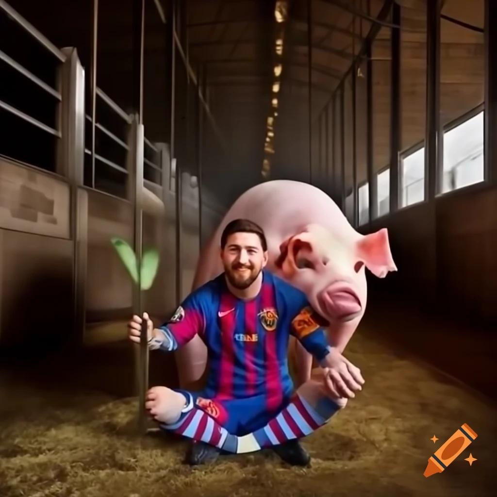 Lionel messi sitting on pig in rustic barn, wearing barcelona jersey ...