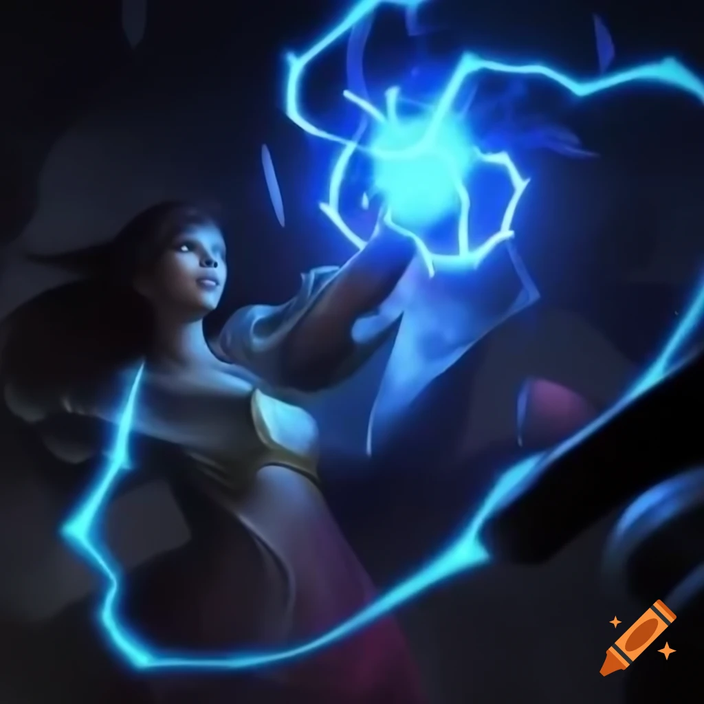 Ethereal figure made of blue electrical energy in combat pose with ...