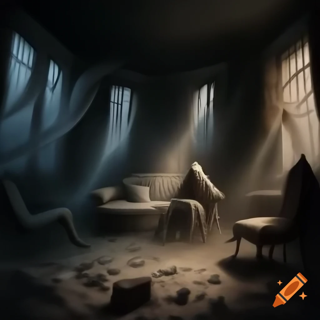 Desolate living room with cobwebs and ancient furniture, evoking a ...