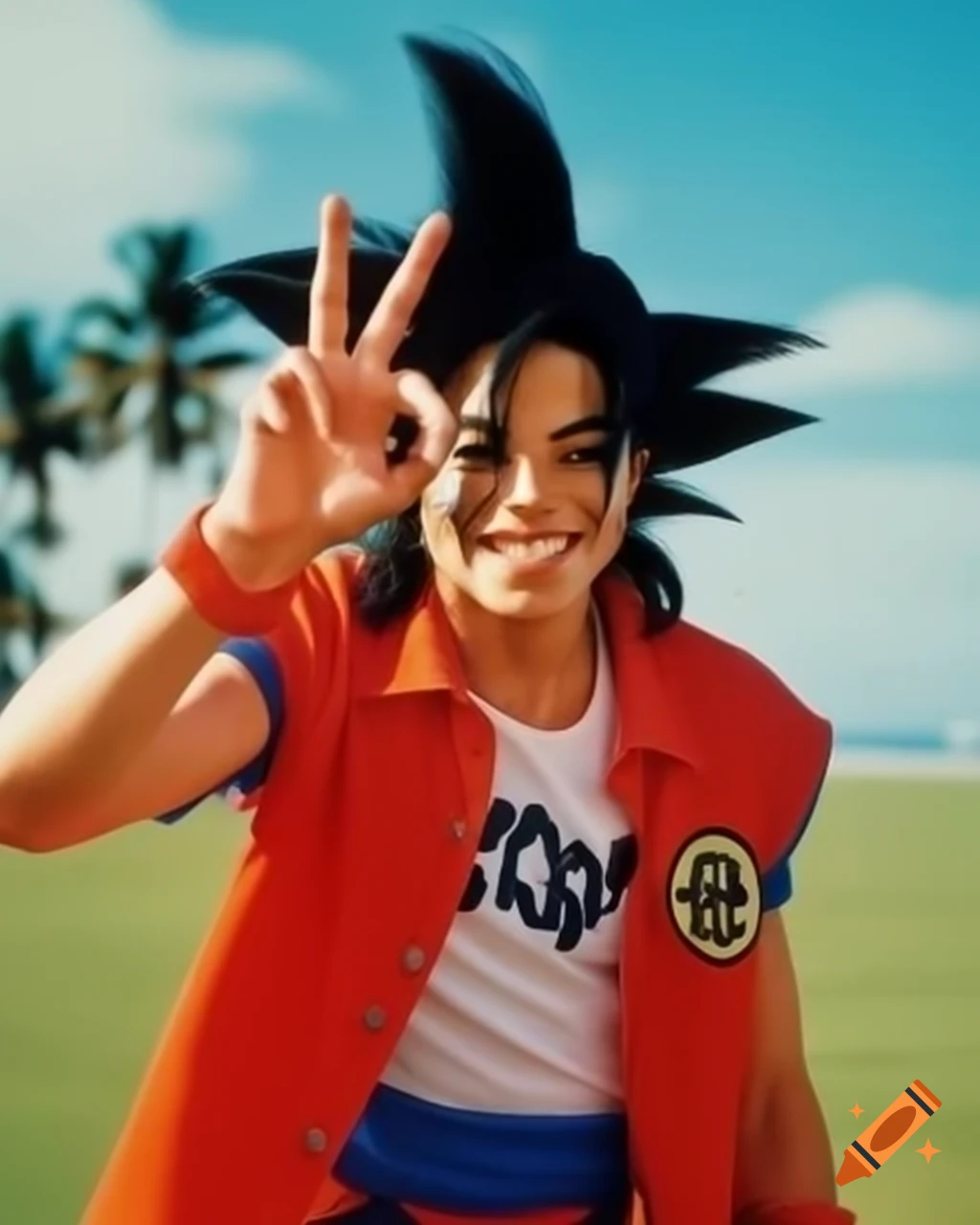 Michael jackson as goku in joyful pose with peace gesture in sunny ...