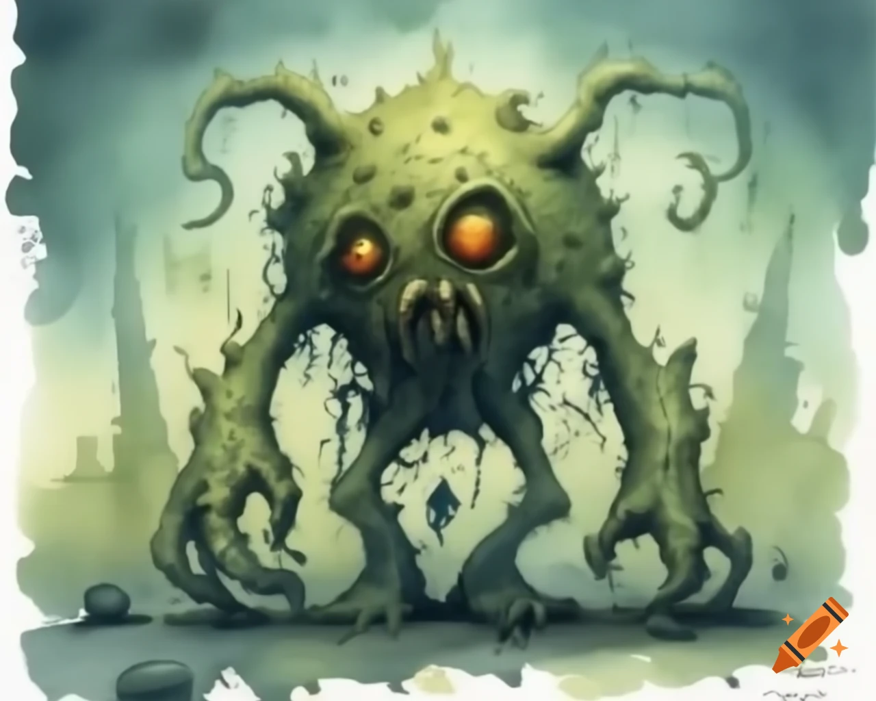 Watercolor illustration of a creepy golem monster inspired by Lovecraft ...