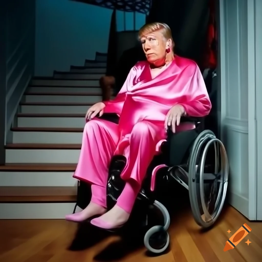 Comedic portrayal of a man in wheelchair wearing pink pajamas falling ...