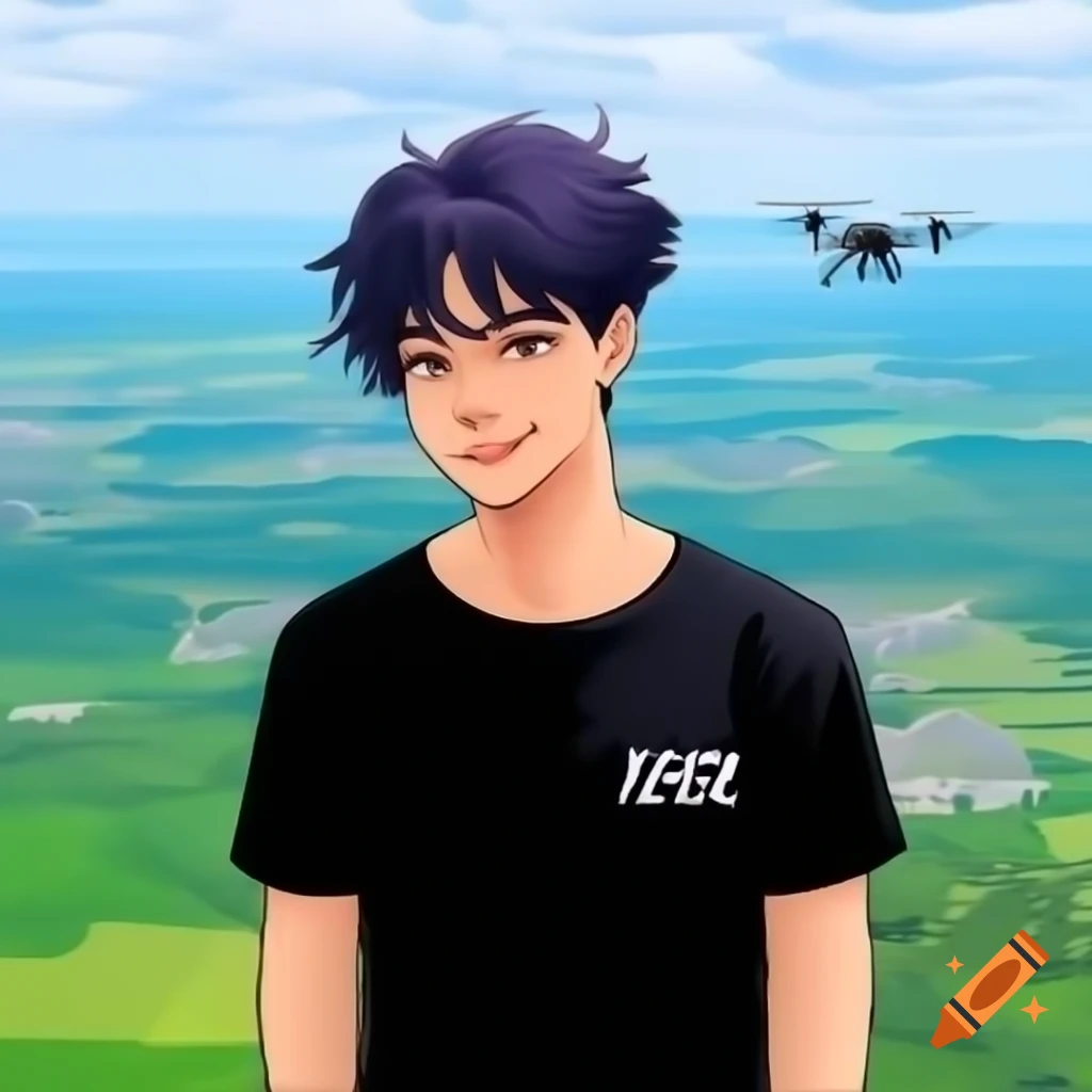 Anime character with DJI Mavic Mini 2 drone over digital landscape on ...