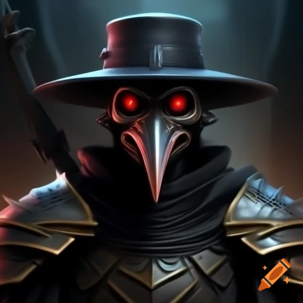Paladin plague doctor with red glowing eyes and black wings on Craiyon