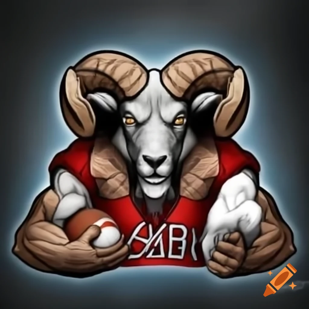 Intimidating humanoid ram with muscles holding football, logo with ...