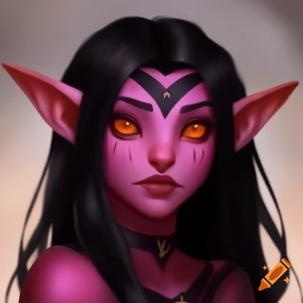 Female Tiefling druid with pink skin, long black hair, and black-orange ...