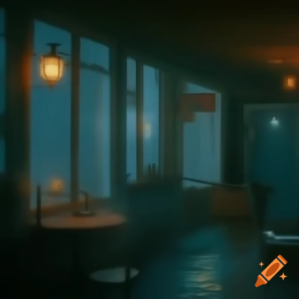 Cozy dimly lit room with vintage decor and rainy street at night ...