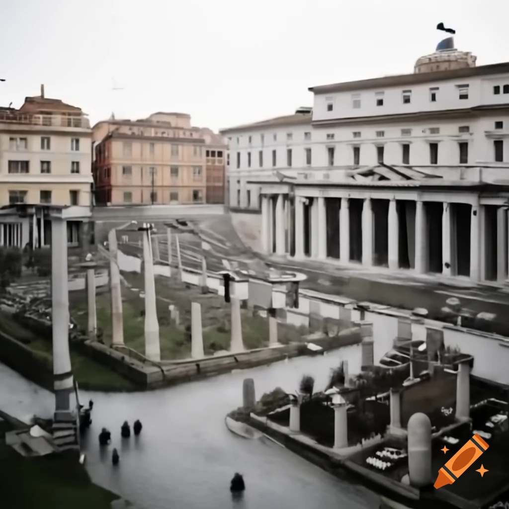 Grand Roman forum with statues and pillars reflecting ancient ...
