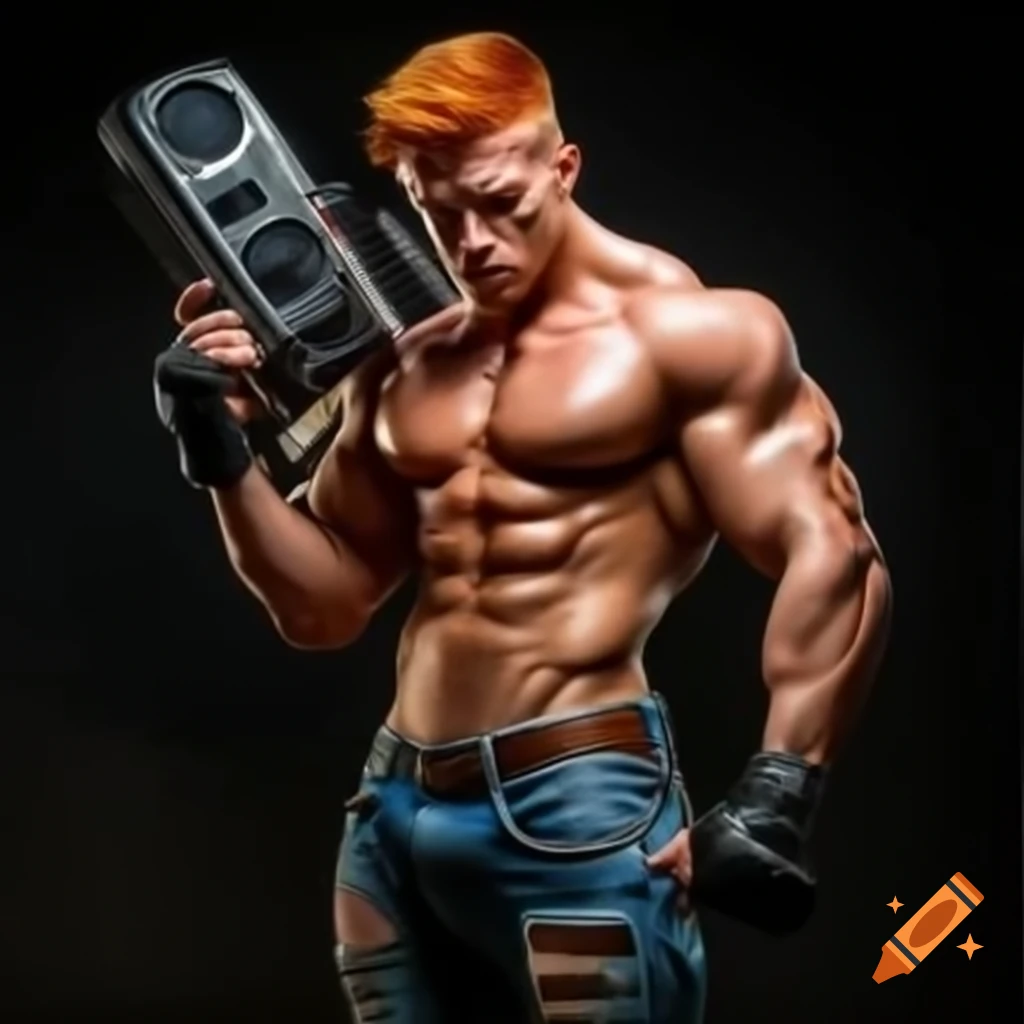 Muscular german man in ripped jeans holding boombox in fighting stance ...