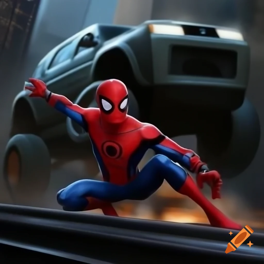 Spider-Man showcasing superhuman strength by lifting a massive car on ...