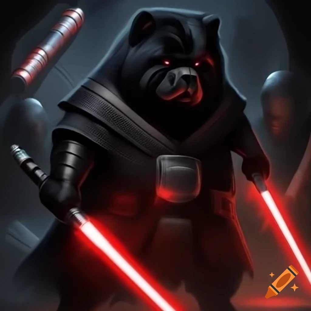 Chow-Chow dog snarling behind Sith robes with lightsaber and missile ...